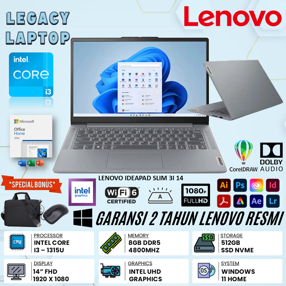 Jual Laptop Lenovo Ideapad Slim 3i 14 Intel Core i3 1315U 8GB DDR5 ...