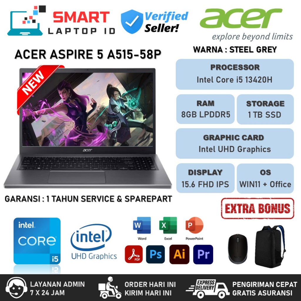 Jual Laptop Gaming Acer Aspire 5 A515-58P Intel Core I5 13420H RAM 8GB DDR5 1TB SSD FHD IPS ...