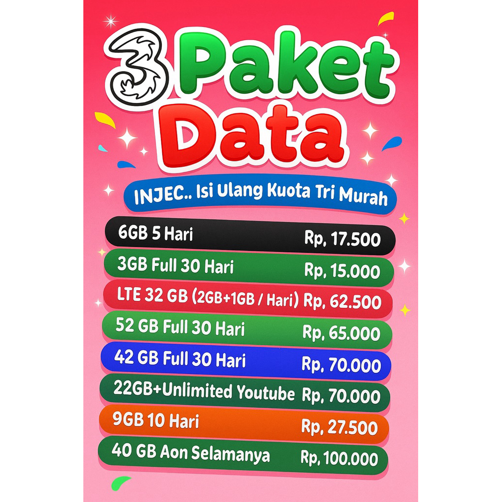 Jual Inject Paket data Tri Aon Happy Kuota Reguler Bulanan 42Gb 3Gb ...