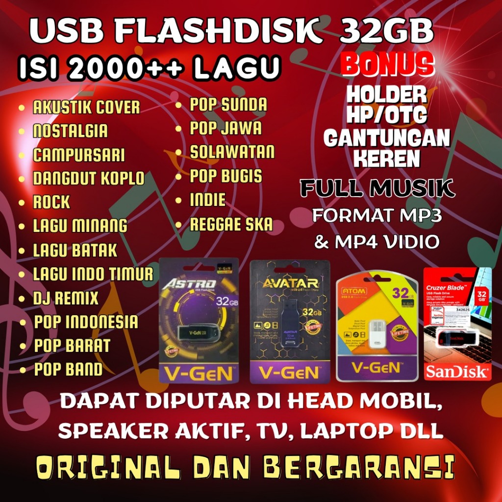Jual Flash disk Lagu MP3 Dan MP4 32GB Isi 2000+ Lagu Pop Dangdut Rock ...