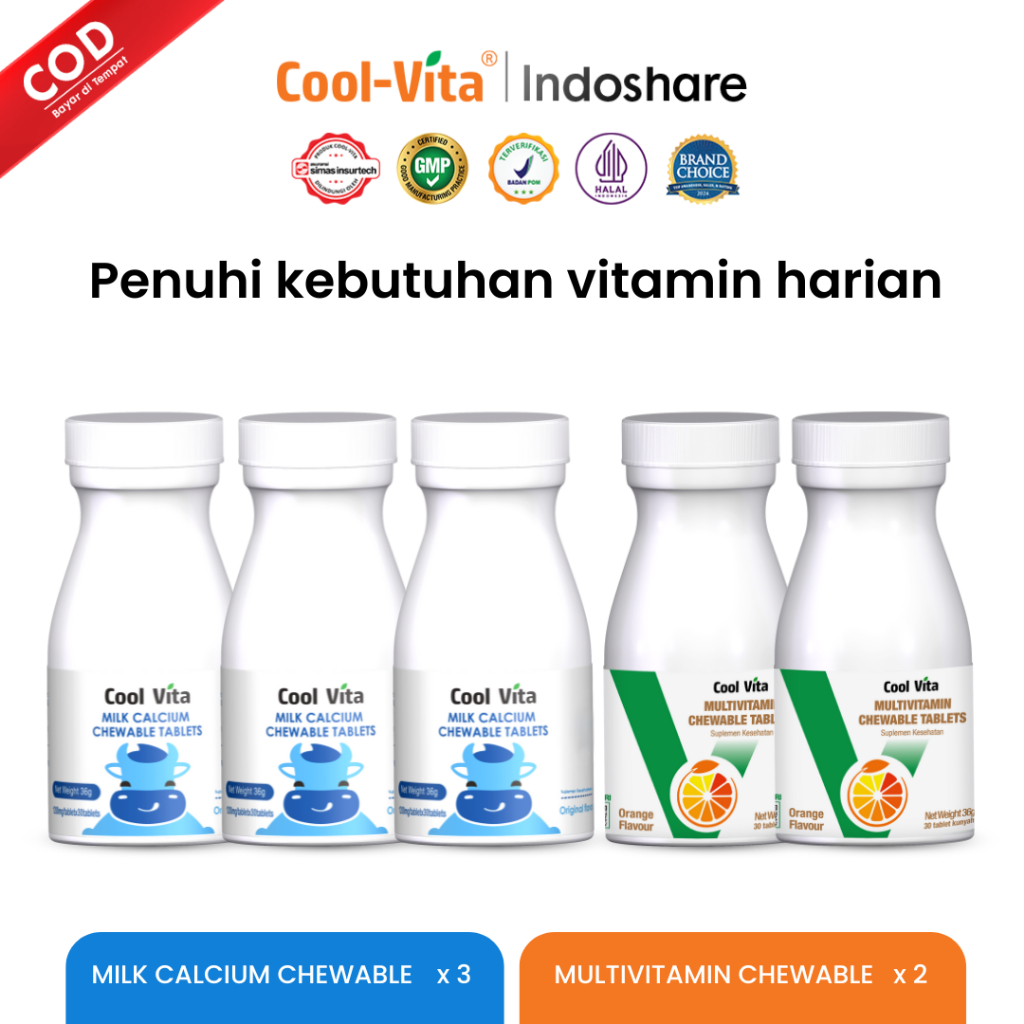 Jual Coolvita Tablet Kunyah 3 Botol Calcium Susu + 2 Botol Multivitamin ...