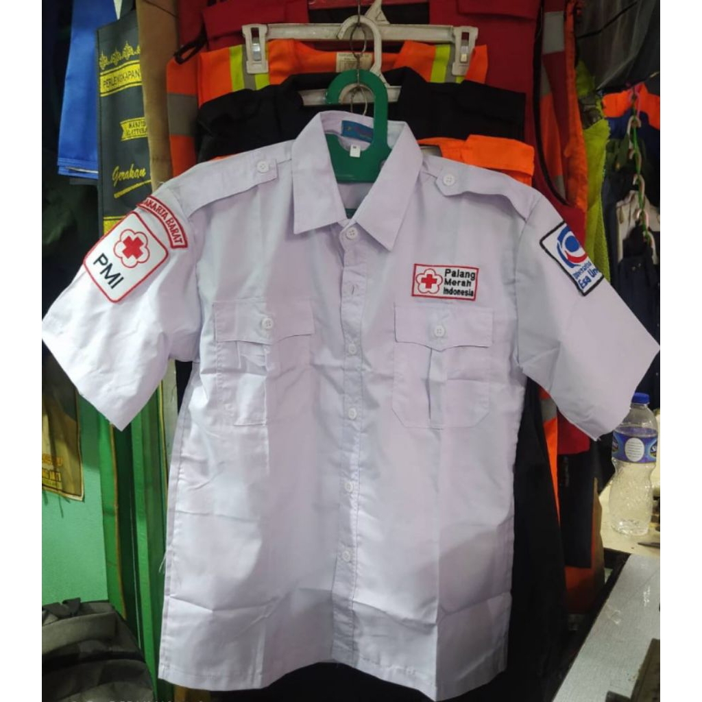 Jual Kemeja PMI pul logo fre nama pendek putih Seragam PMI palang merah ...
