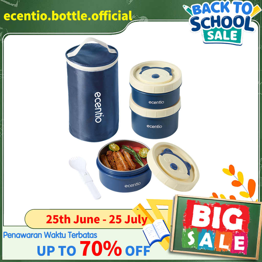 Jual 【3PCS Set】ecentio Lunch Box Set 3pcs Biru Jepang Round Stainless ...