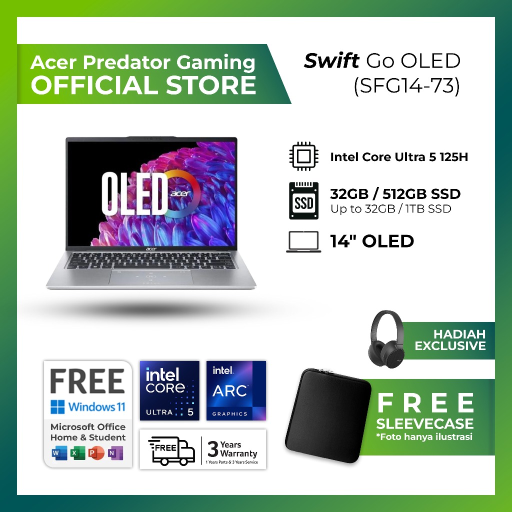 Jual [FREE HEADSET] ACER SWIFT GO OLED SFG14-73 ULTRA 5 125H 32GB 512GB ...