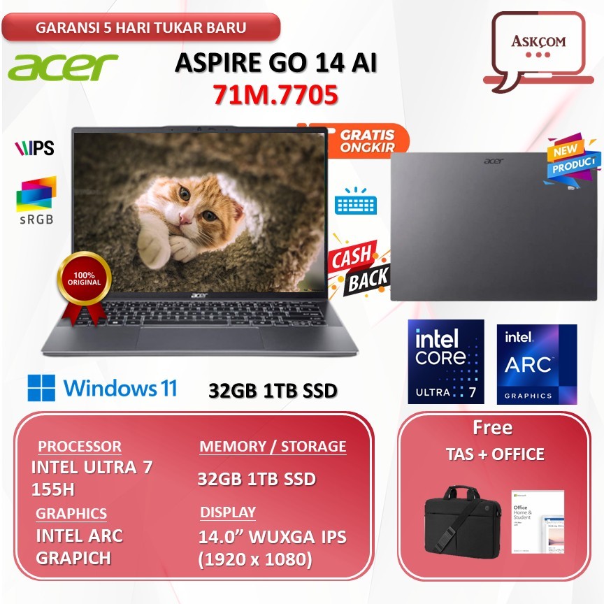 Jual Acer Aspire GO 14 AI Ultra 7 155H 32GB 1TB W11+OHS+M365B 14.0 WUXGA 100RGB IPS 71M.7705 ...