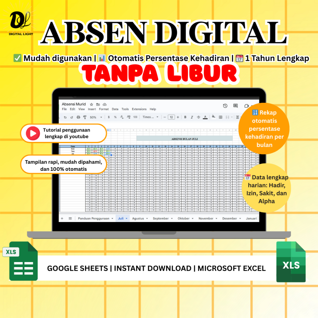 Jual Template Absensi Otomatis Bulanan (Juli–Juni) | Format Spreadsheet ...