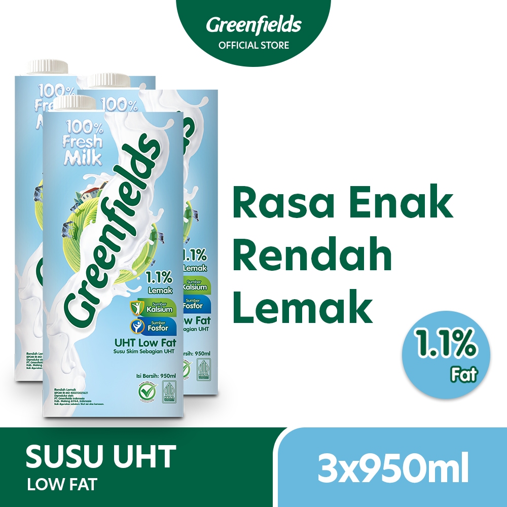 Jual [Triplepack] Susu Greenfields UHT Low Fat 950mL x 3 pcs | Shopee Indonesia