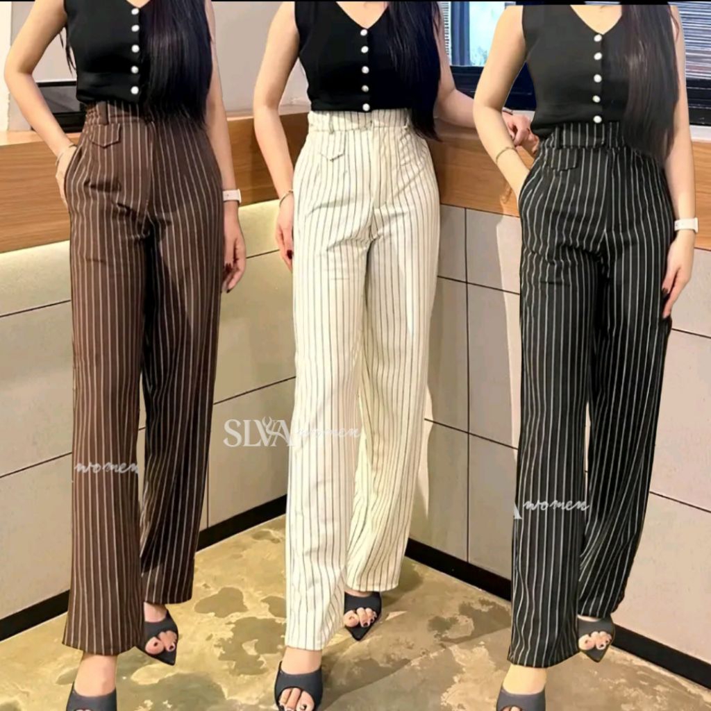Jual Oro Pants Stripe Bangkok Highwaist Jumbo Wanita Korean Style Katun ...
