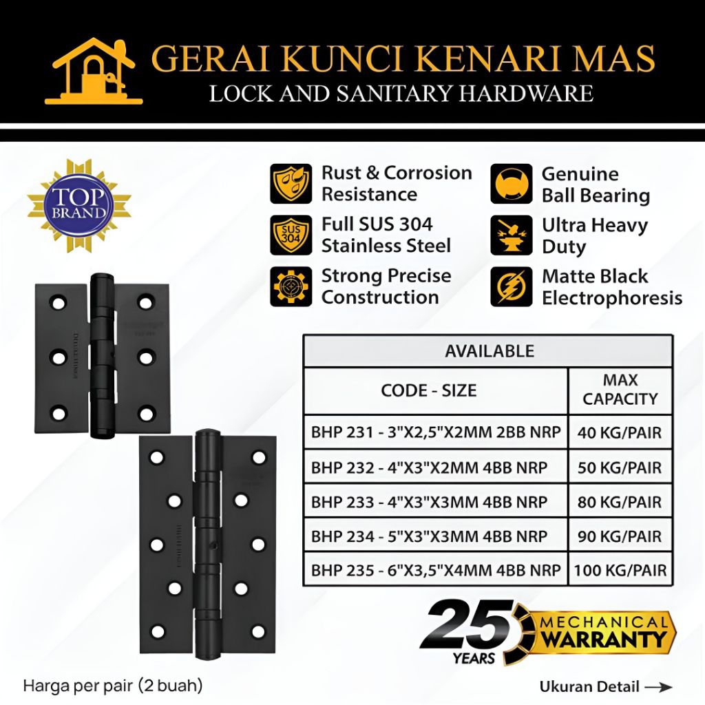 Jual PALOMA Engsel Pintu Jendela Kupu Kupu Plat Butt Hinge Hitam Black ...