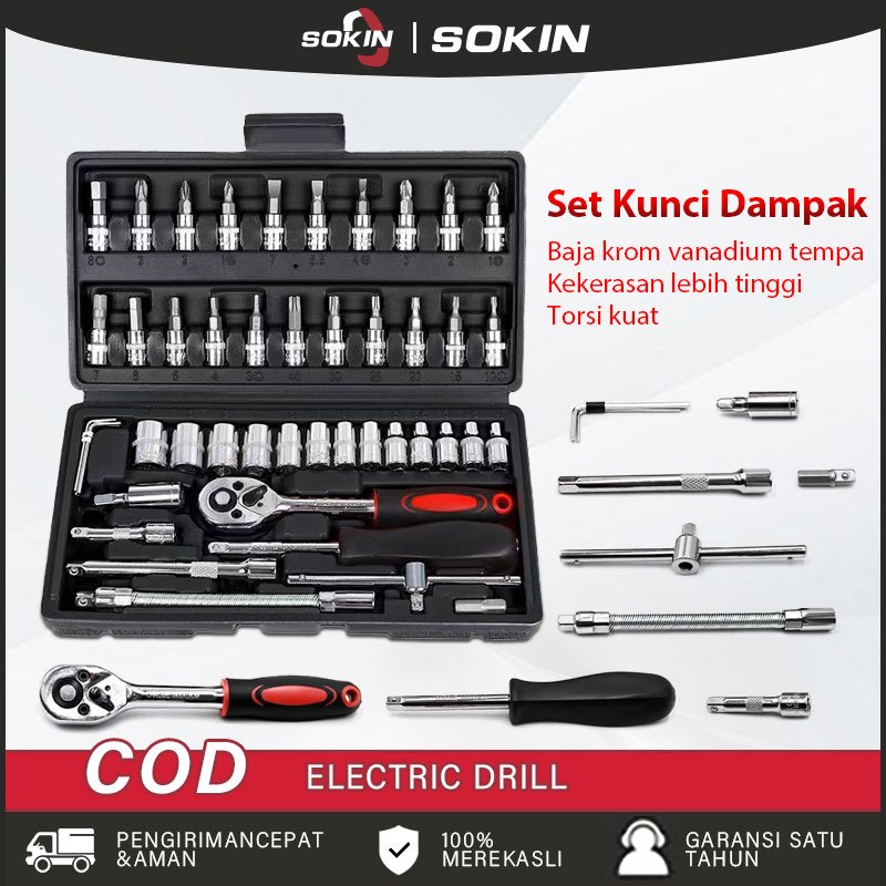 Jual SOKIN kunci shock set 46Pcs kunci Socket 1/4” Motor Lengkap Socket ...