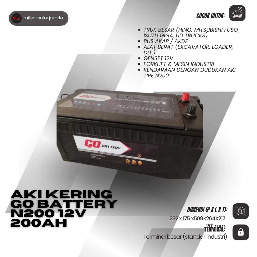 Jual Aki Kering GO Battery N200 12V 200Ah Genset Kapal DumpTruck Excavator | Shopee Indonesia