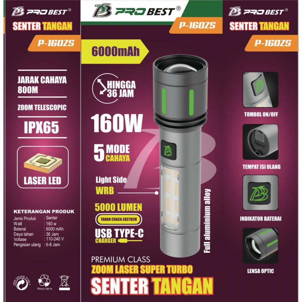 Jual senter tangan PROBEST ZOOM LASER SUPER TURBO P-160ZS 5 mode cahaya ...