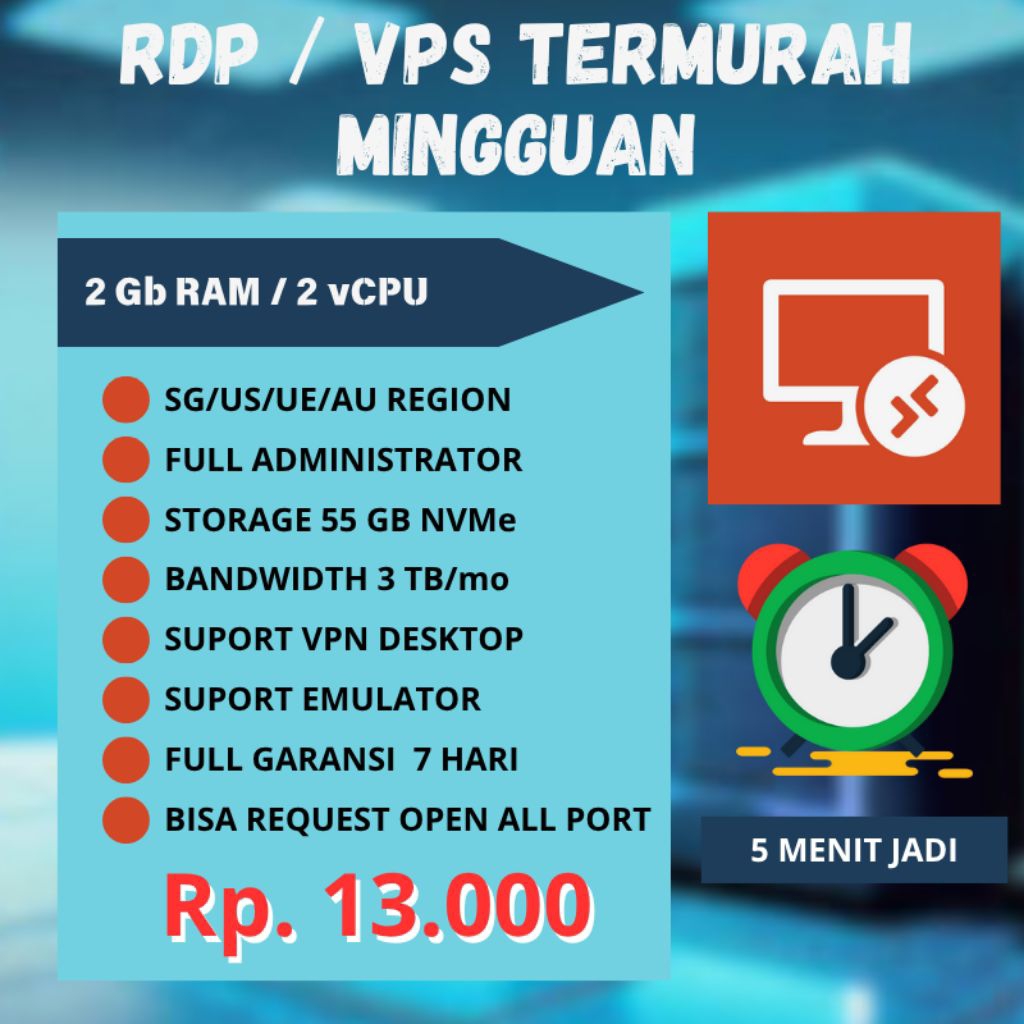 Jual RDP/VPS MINGGUAN TERMURAH 2GB RAM / 2CPU | Shopee Indonesia