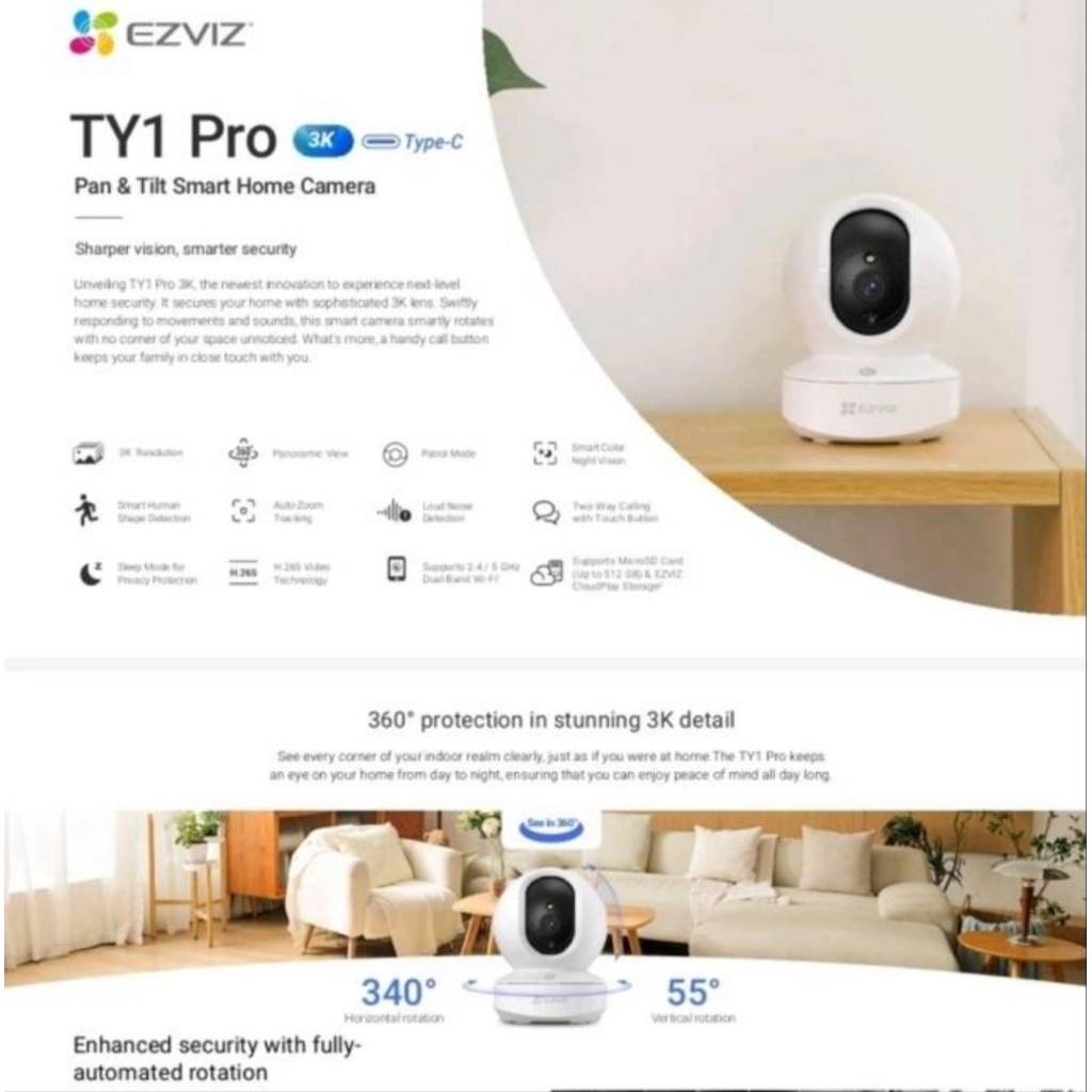 Jual Ezviz TY1 PRO 3K 5MP 360° PTZ Indoor Color Night Indoor Dual Band ...