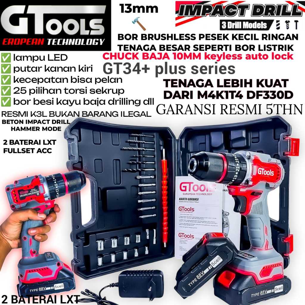 Jual Gtools RAJA BOR impact drill BRUSHLESS TYPE gt34+ 13mm keyless auto lock 2baterai lxt 88v ...