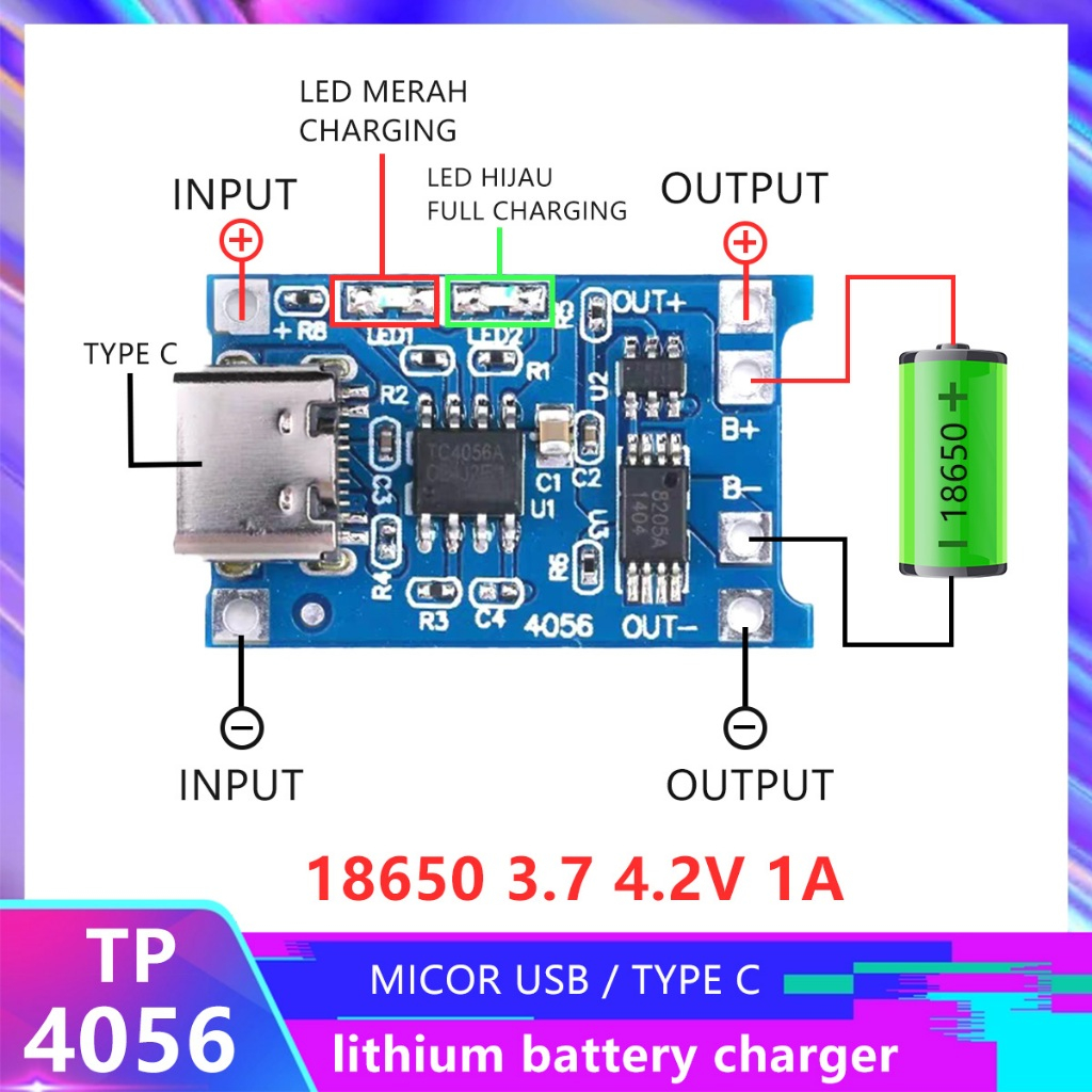 Jual TP4056 Modul Charger Batrai Lithium5V 1A model type C dan Micro ...