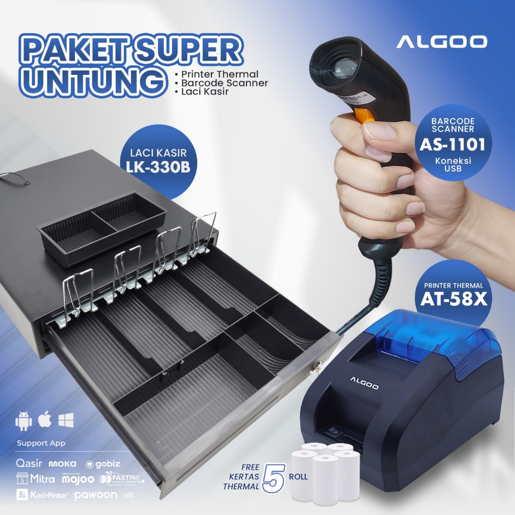 Jual ALGOO Paket Kasir Printer Thermal Cash Drawer Scanner USB Free 5 ...