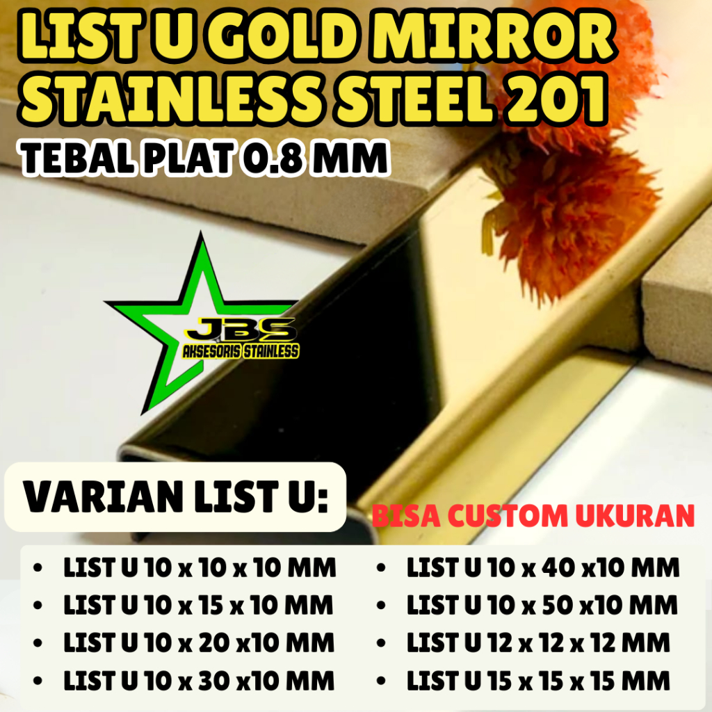 Jual LIST U MIRROR GOLD (KILAP) VARIAN 10MM -15MM TEBAL 0.8MM PANJANG 3 ...
