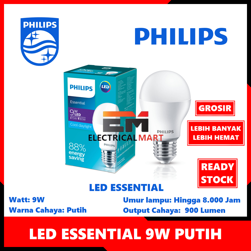 Jual (GROSIR) Lampu Bulb LED Essential Philips 9W Putih CDL (9 W Watt ...