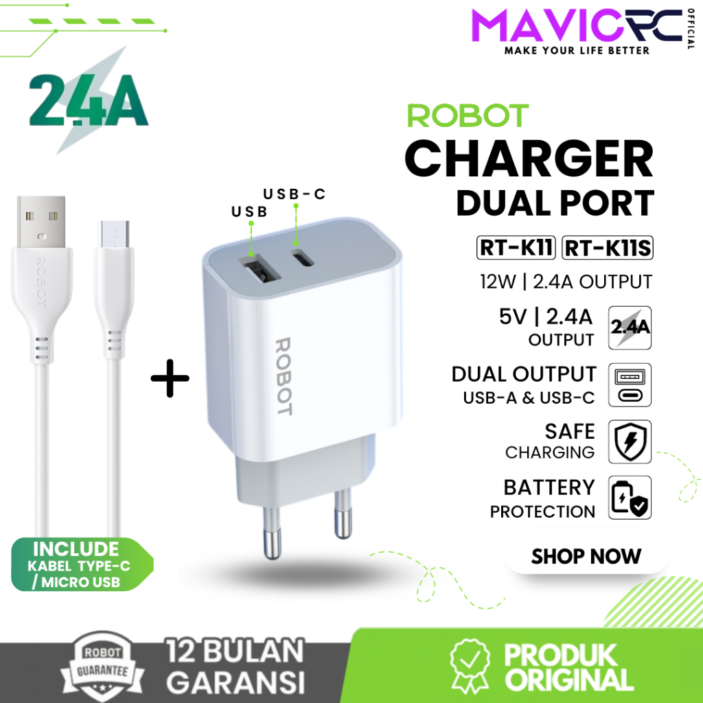 Jual ROBOT RT-K11 | RT-K11S Adapter Charger Dual Port USB & USB-C 12W 2 ...