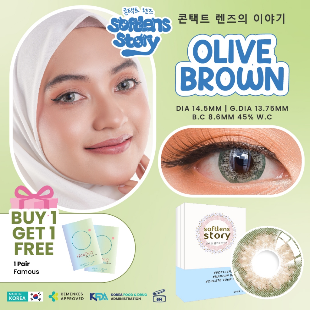 Jual FREE FAMOUS Softlens Story Olive Brown 1 Pasang | 14.5mm Soflens ...