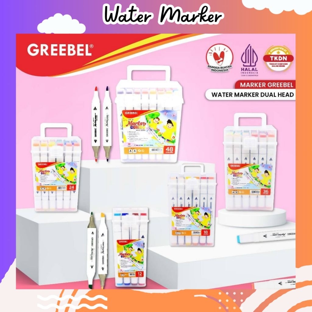 Jual GREEBEL Spidol Water Marker Dual Head Warna Warni 12 18 24 36 48 ...