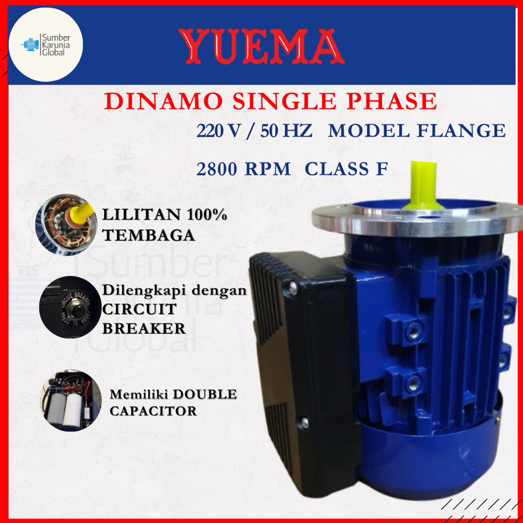 Jual Yuema Dinamo Elektro Motor 1 Phase 2 HP 2800 RPM Model Flange Dinamo|Gulungan Tembaga ...