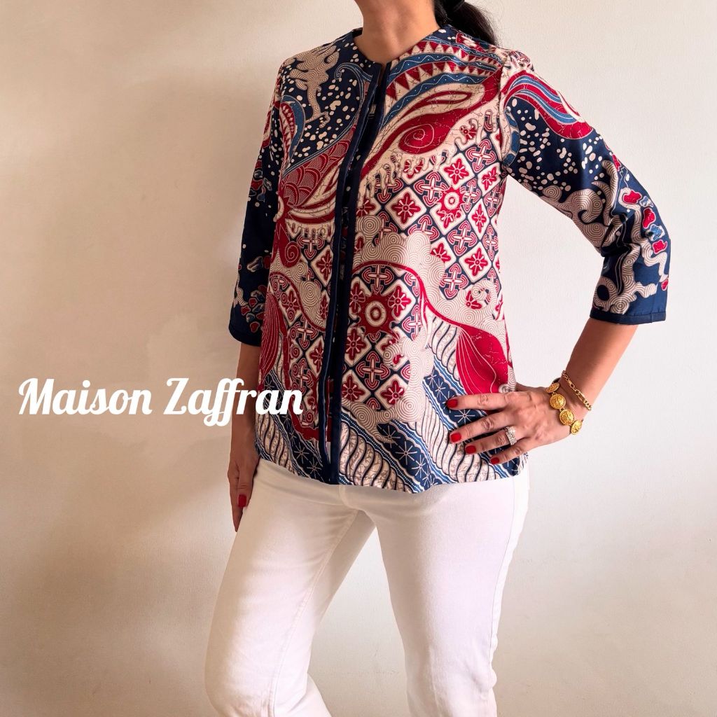 Jual Batik List Top Navy Blue Red Wave | Shopee Indonesia