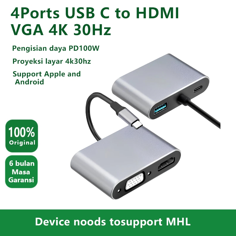 Jual 4 IN 1 HUB Adapter USB Type C to HDMI & VGA 4K 30Hz High ...