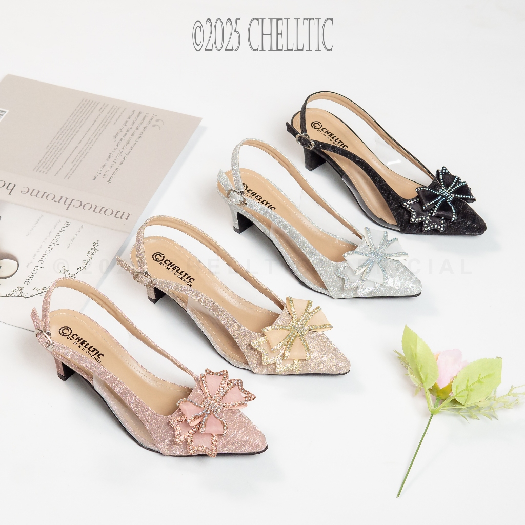 Jual CHELLTIC Sepatu Wanita Mules 5CM Elegan Slingback Glitter Pita ...