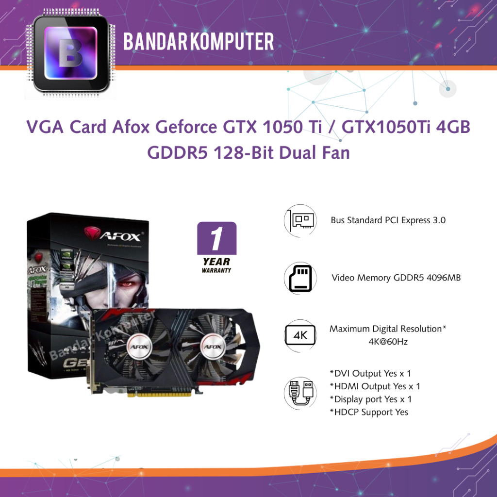 Jual VGA Card Afox Geforce GTX 1050 Ti / GTX1050Ti 4GB GDDR5 128-Bit ...