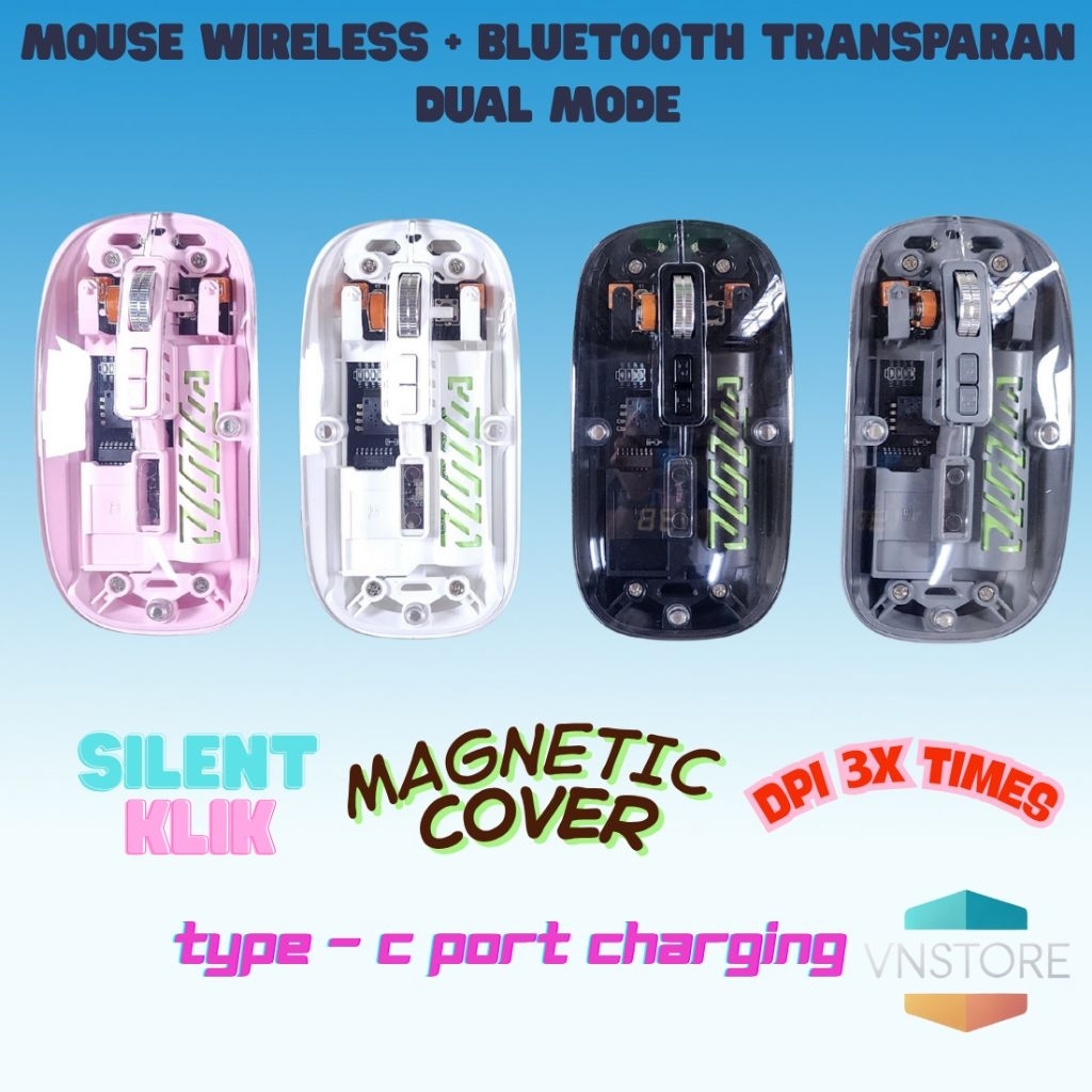 Jual Sku-1351 Mouse Dual Mode Wireless Bluetooth Transparan Silent Clik ...