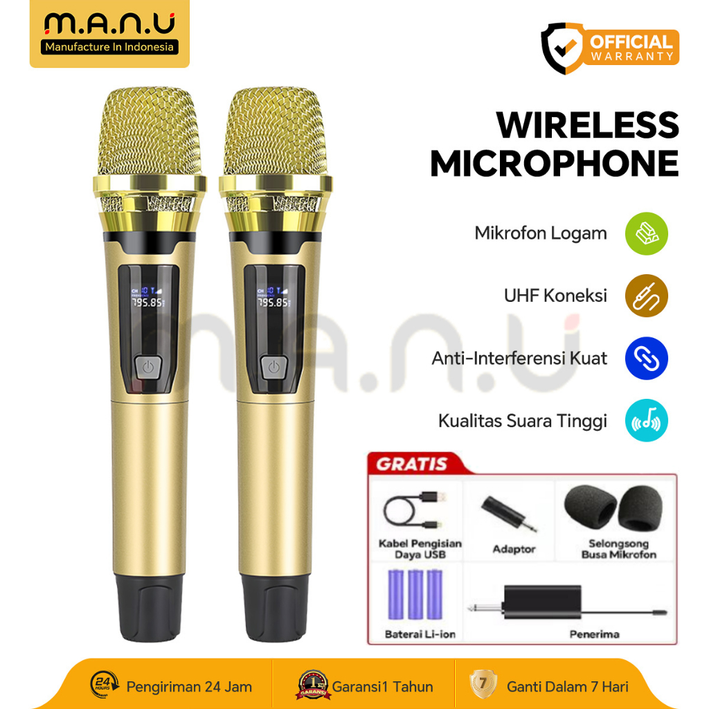 Jual [2 Mic] Manu Wireless Microphone UHF--Jarak 100m, Anti ...