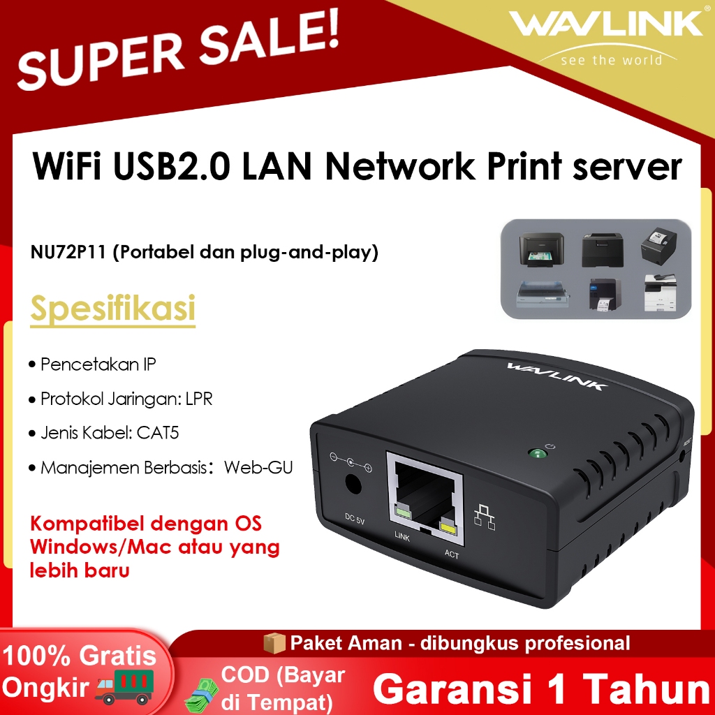 Jual WAVLINK LPR Print Server USB 2.0 Wireless Print Server & USB ...
