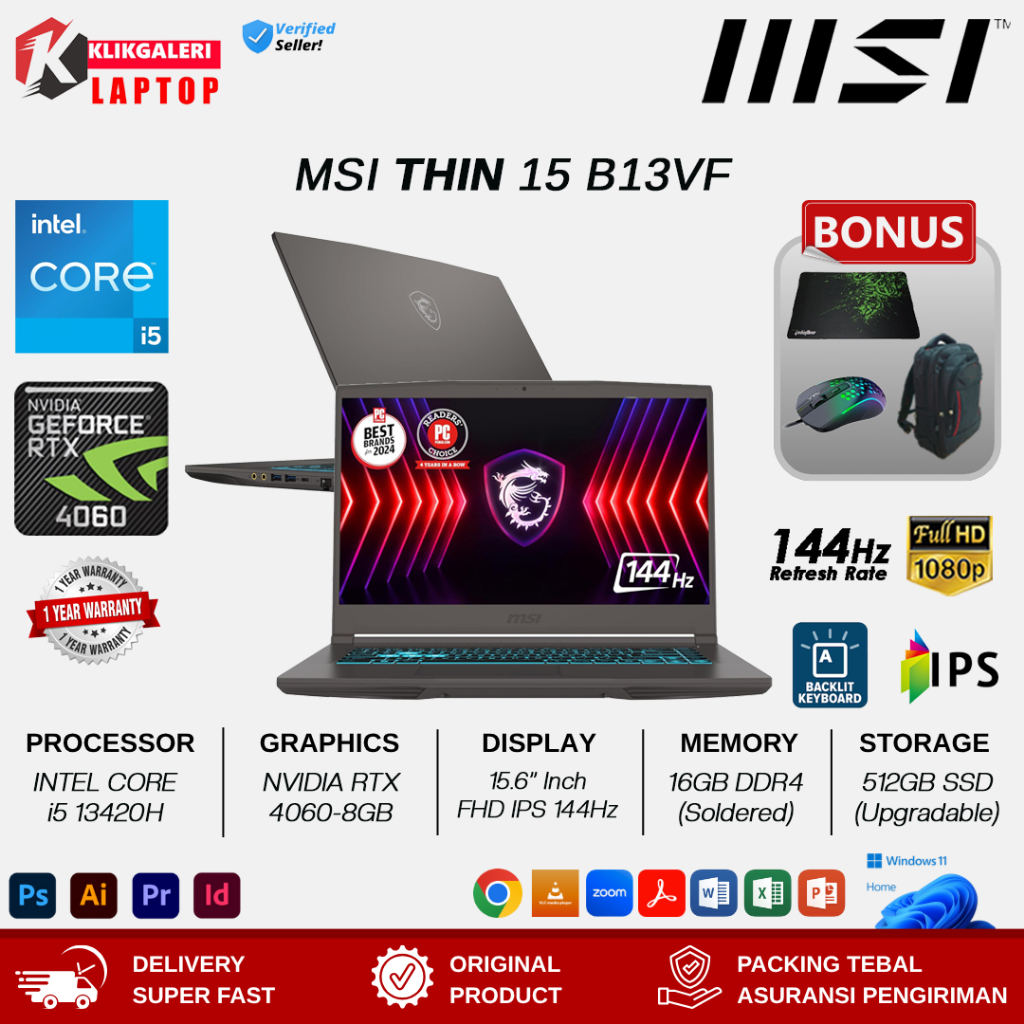 Jual Laptop MSI THIN 15 B13VF Intel Core i5 13420H 32GB 1TB SSD RTX4060 ...
