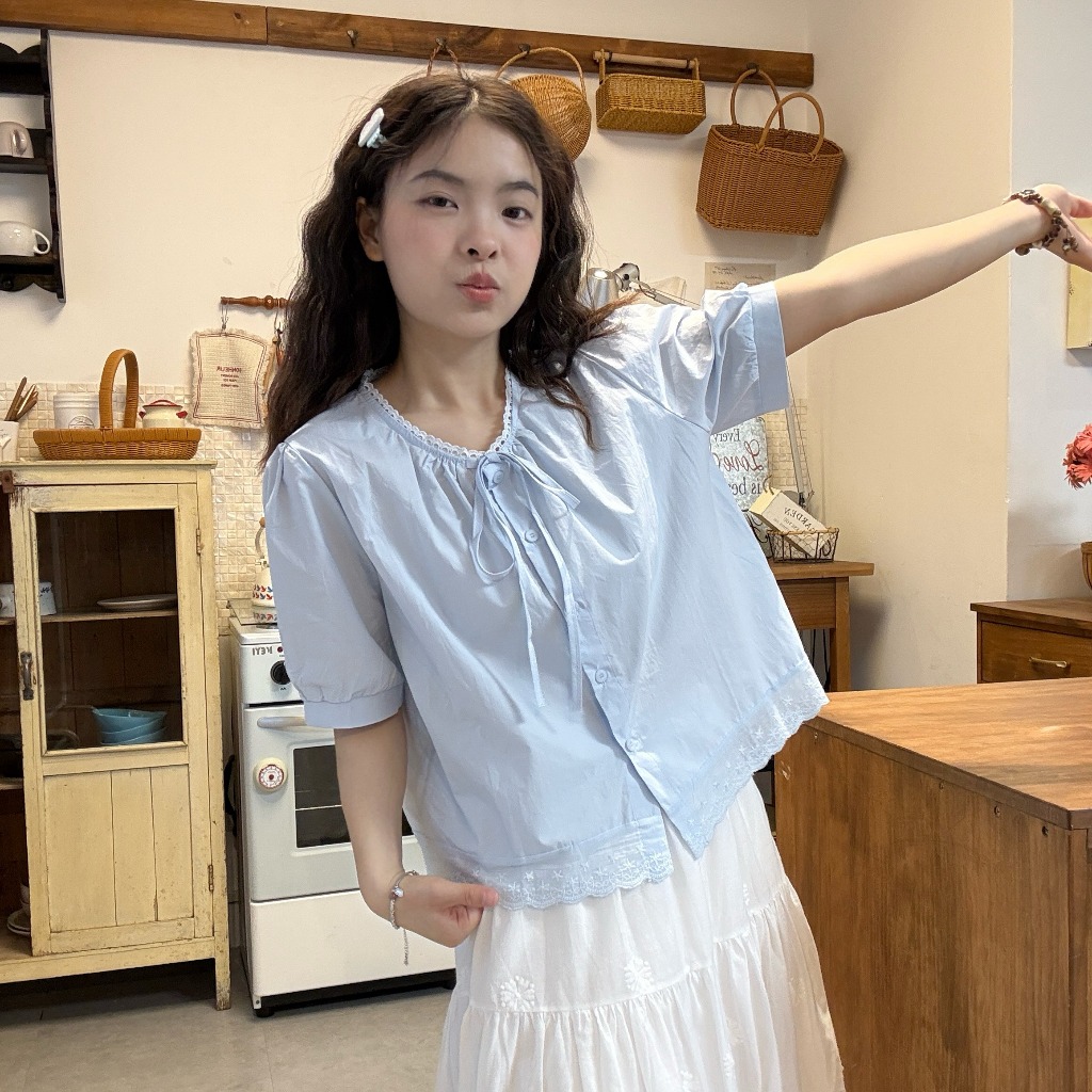 Jual Blouse Vintage Wanita Lengan Pendek – Atasan Ruffle Kuning Pastel ...