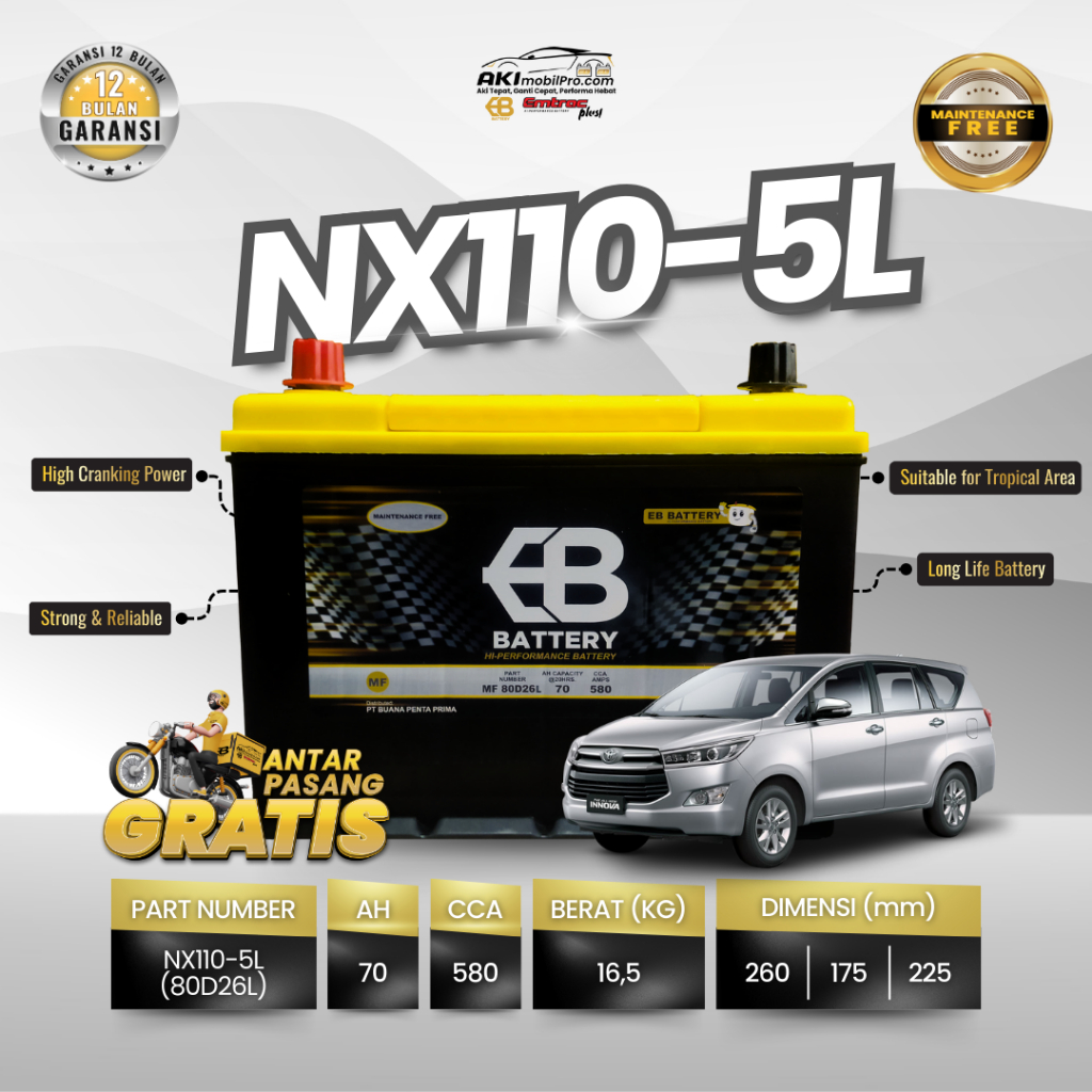 Jual Aki Mobil Nissan Elgrand | EB BATTERY NX110-5L (80D26L) 70Ah CCA ...