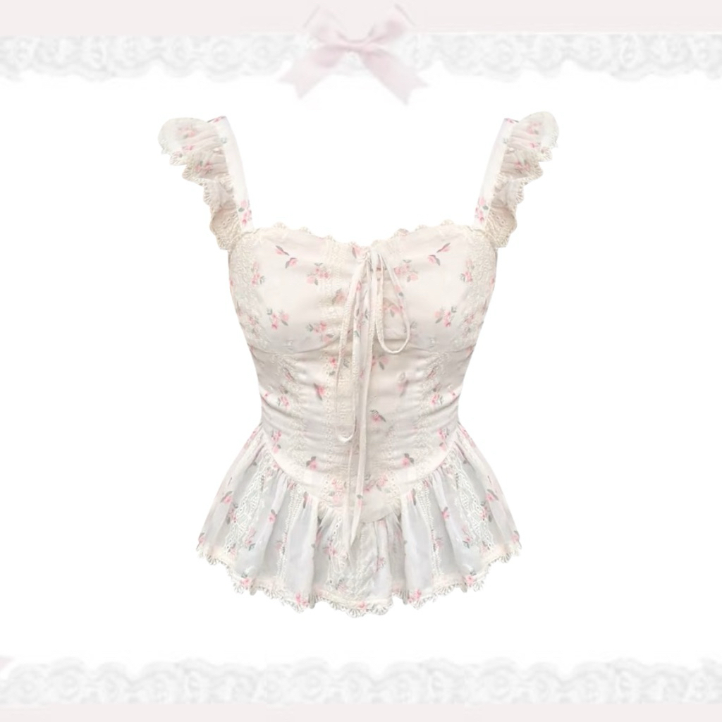 Jual Floral Top Pink / Coquette Top Sleeveless / Lace Ruffle Top ...