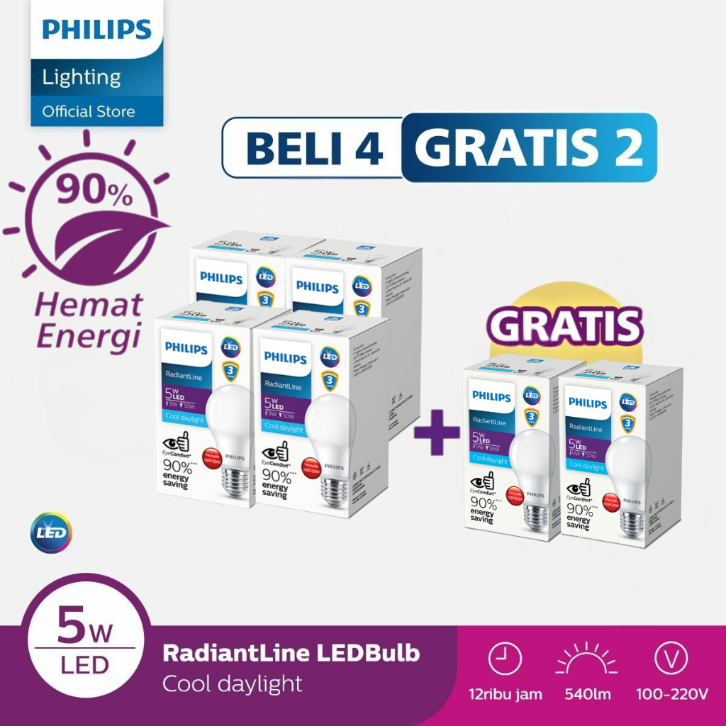 Jual Philips Paket Beli 4 Gratis 2 Lampu Radiantline LED Bulb 5W 6500k ...