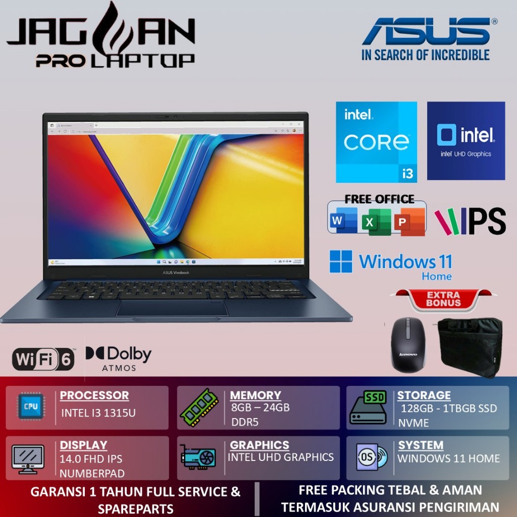 Jual Laptop Asus Vivobook 14 X1404VA intel core i3 1315U 24GB 1TB SSD ...