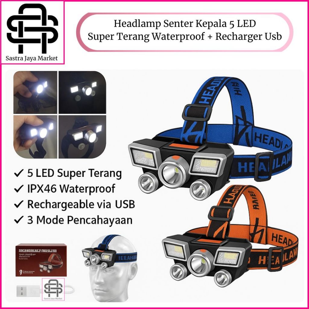 Jual Headlamp Senter Kepala 5 LED Super Terang Waterproof Rechargeable ...