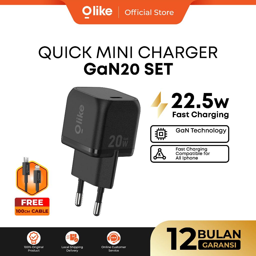 Jual OLIKE Quick Mini Charger Iphone PD GaN20 Type C + Kabel C to ...