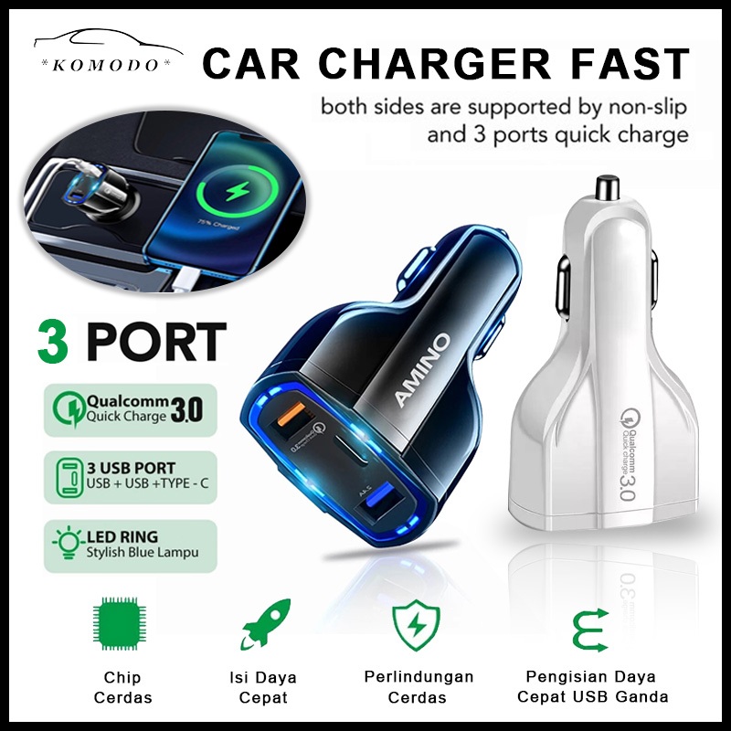 Jual Car Charger Fast Charger 3 Port USB QC 3.0 Type C Output Saver ...