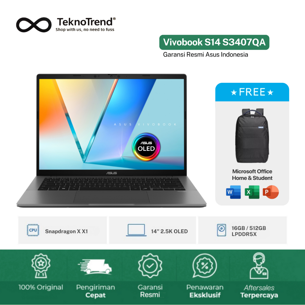 Jual ASUS Vivobook S14 OLED S3407QA Snapdragon 16GB/512GB 14-inch IPS ...