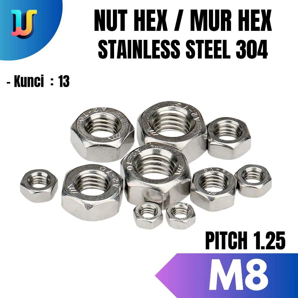 Jual Nut Hex M8 Stainless Steel 304 / Mur M8 Hex Pitch 1.25 SS304 Kunci ...