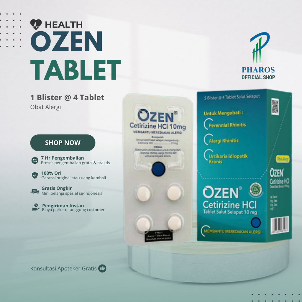 Jual Ozen Tablet 10mg | 1 blister @ 4 Tablet |meredakan alergi | Shopee ...