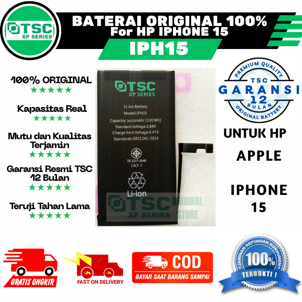 Jual TSC BATERAI ORIGINAL 100% IPH15, FAST CHARGING DIAGNOSE BATRE ...