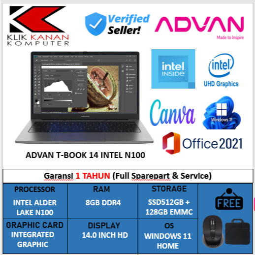 Jual PROMO LAPTOP MURAH ADVAN T-BOOK 14 INTEL N100 8GB SSD 512GB ...