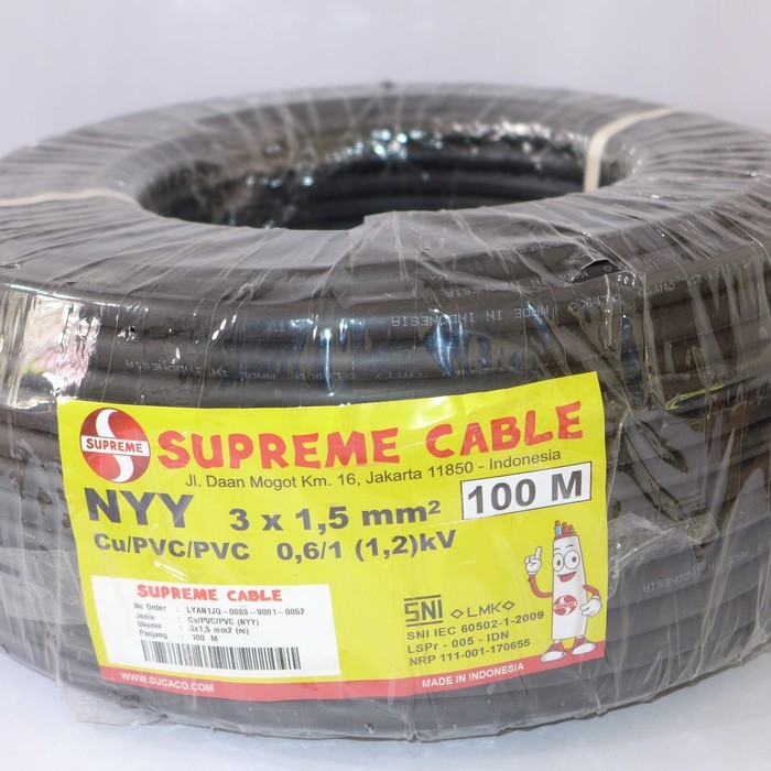 Jual Kabel Listrik NYY 3x1.5 mm Supreme ( 100 Meter ) Tunggal 3 x 1.5 mm2 Hitam 1 Roll 100 meter ...