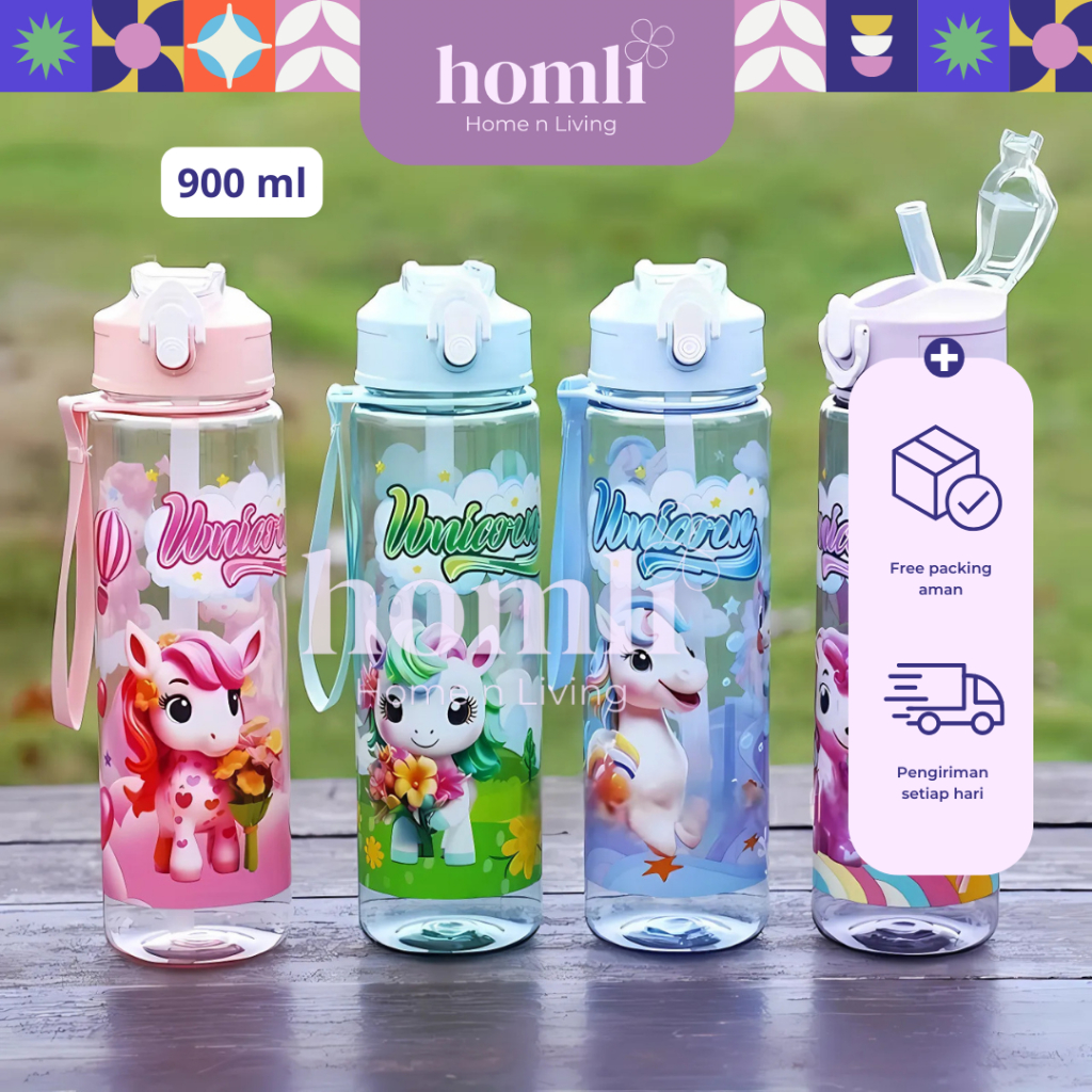 Jual ( HOMLI ) BOTOL MINUM 900 ml Bening Plastik BPA Free Karakter Lucu ...
